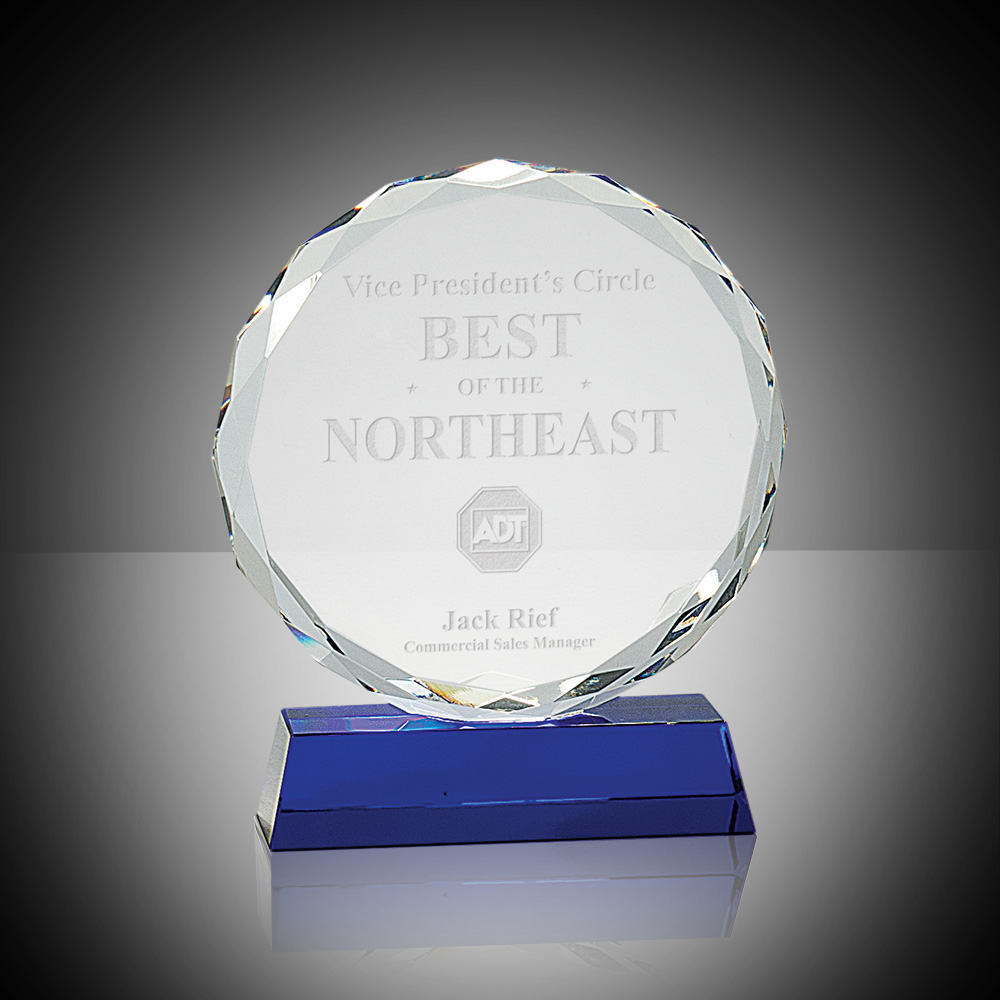 Crystal Faceted Circle Award on Blue Base - Crystal Images, Inc.