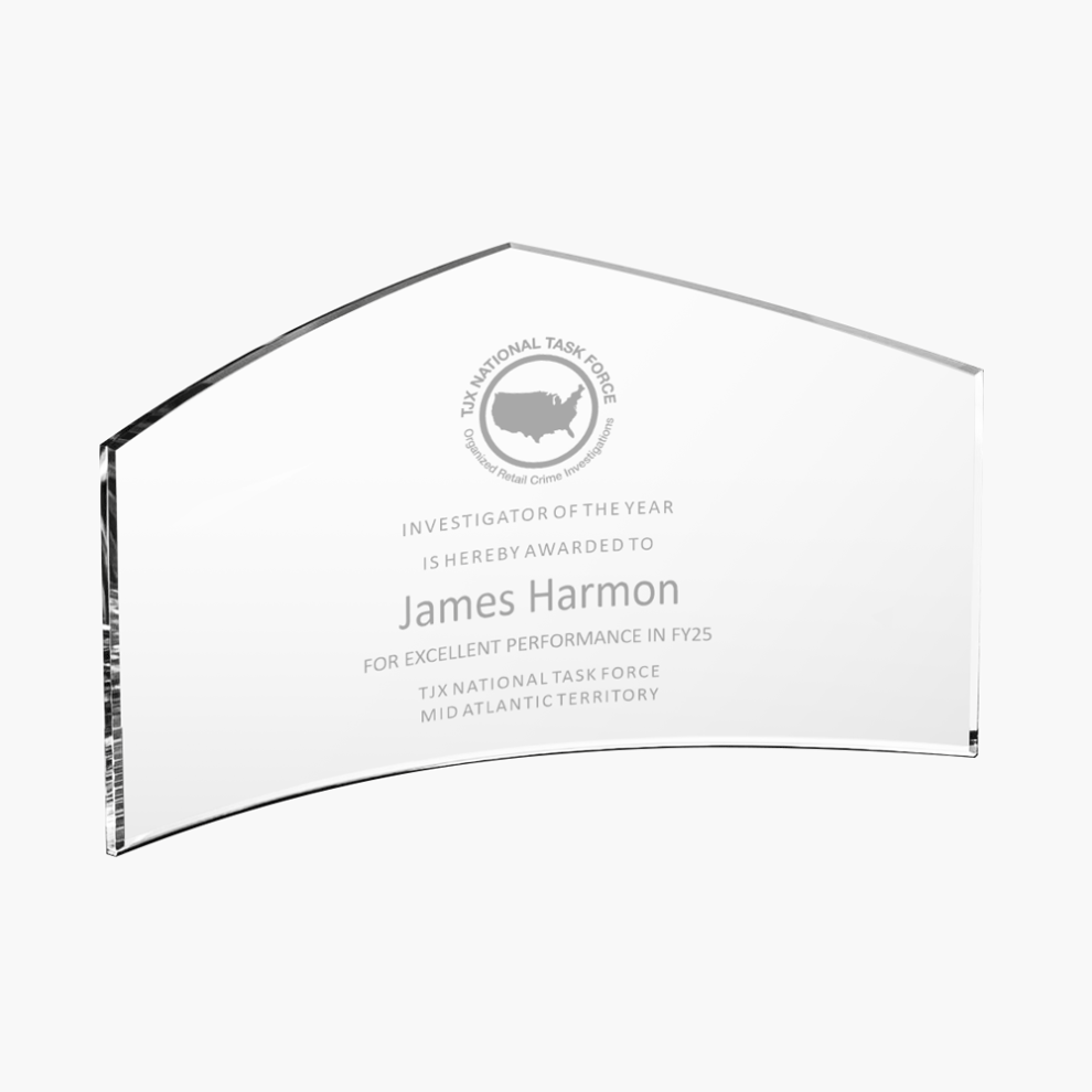 Engraved Glass Trapezoid Crescent Award - Crystal Images, Inc.