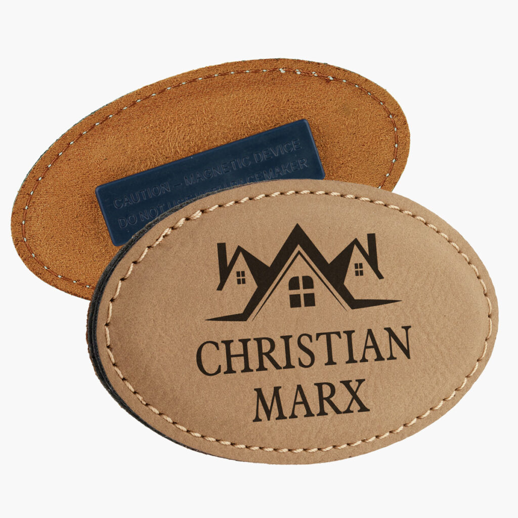Personalized Leatherette Oval Name Tags - Crystal Images, Inc.