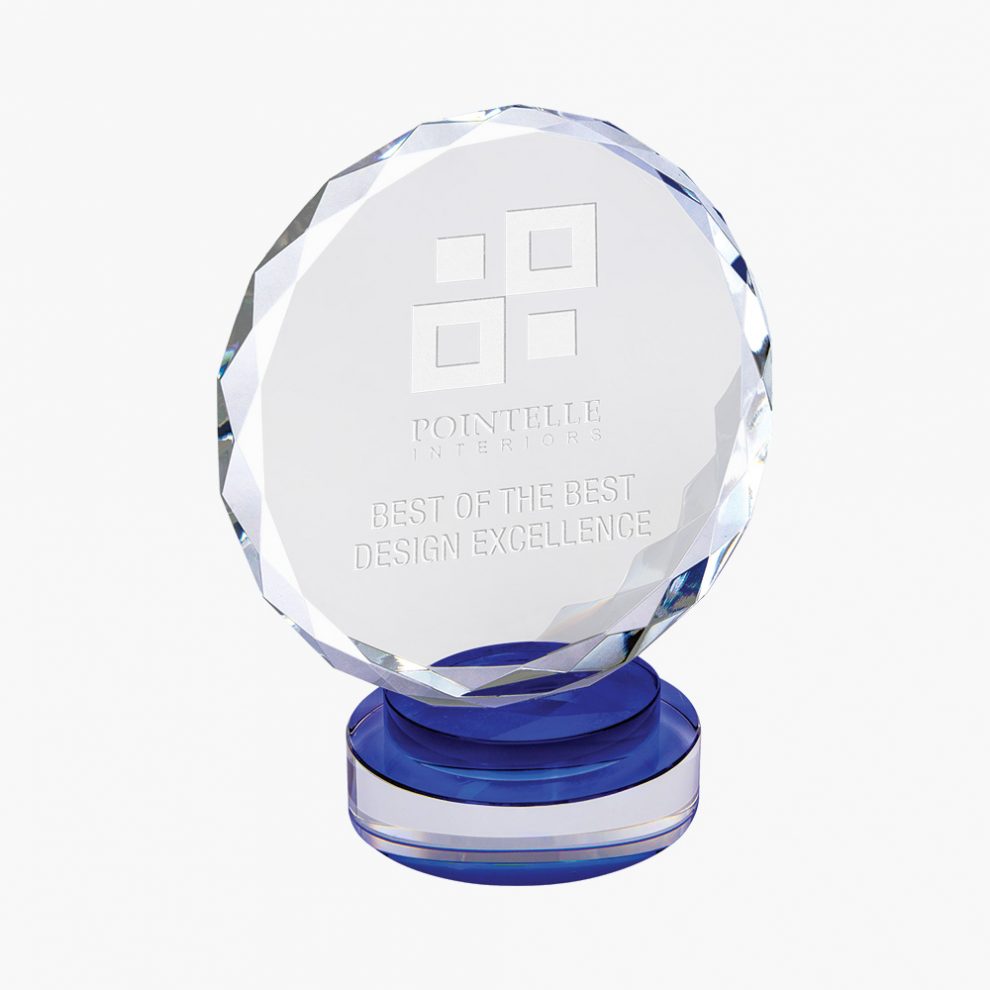 Engraved Crystal Faceted Blue Pedestal Circle Award - Crystal Images, Inc.