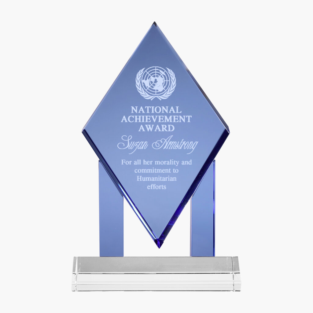 Engraved Crystal Blue Diamond Pedestal Award - Crystal Images, Inc.